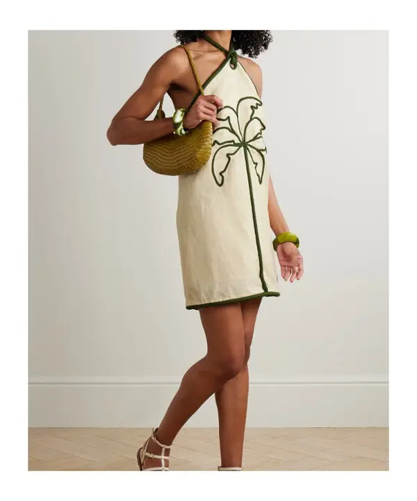 Farm Rio Tree-embroidered Halterneck Mini Dress