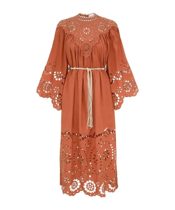 Zimmermann Embroidered Midi Dress - Cinnamon