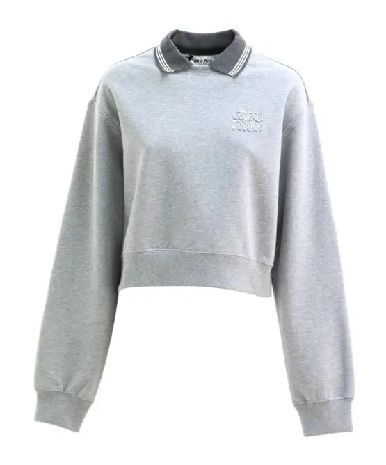 Miu Miu Logo-embroidered Collared Sweatshirt - Grey