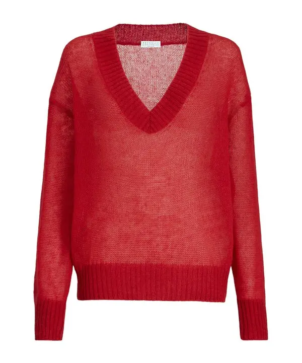 Brunello Cucinelli Sheer V-neck Knitted Sweater - Red