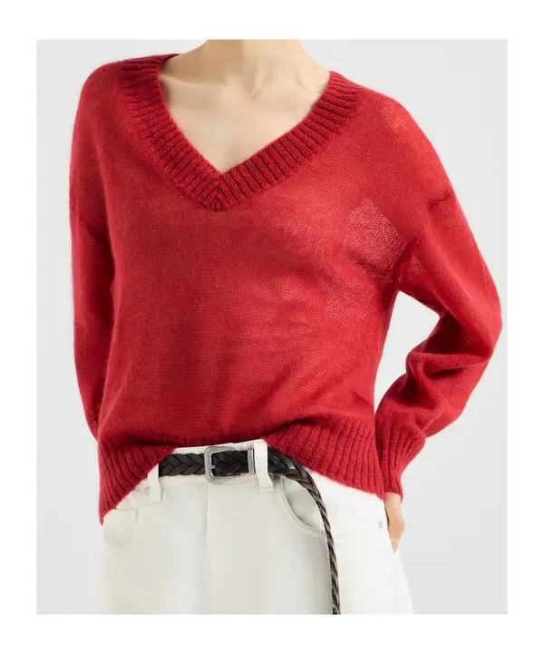 Brunello Cucinelli Sheer V-neck Knitted Sweater - Red