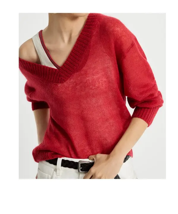 Brunello Cucinelli Sheer V-neck Knitted Sweater - Red