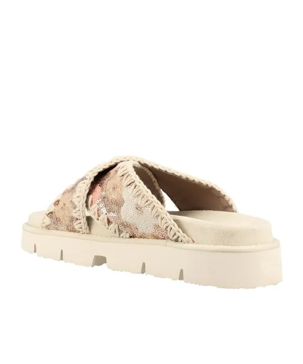 Mou Criss Cross Slide Sandals With Floral Sequins - Nude