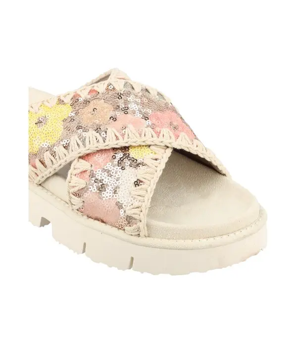 Mou Criss Cross Slide Sandals With Floral Sequins - Nude