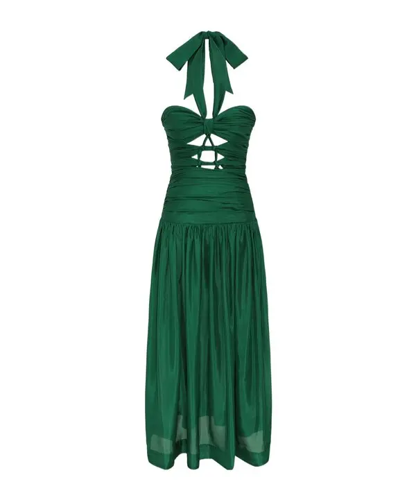 Zimmermann Halterneck Ruched Midi Dress With Cut-out Detail