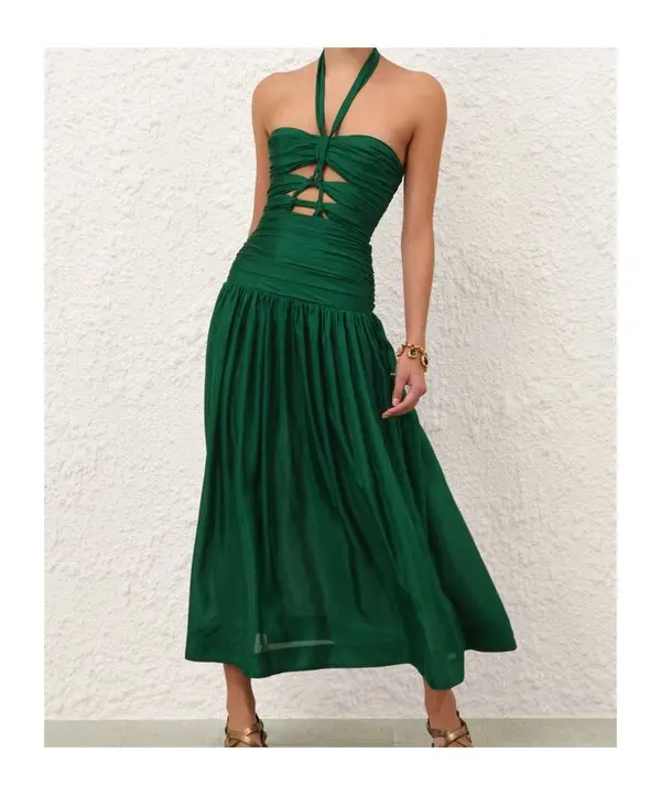 Zimmermann Halterneck Ruched Midi Dress With Cut-out Detail