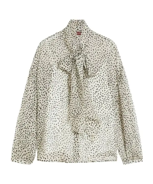 Max Mara Long Sleeve Printed Chiffon Shirt With Tie-bow Detail - Beige