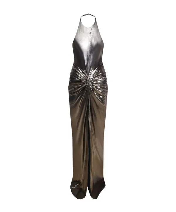 Retrofete Metallic Halterneck Gown With Draped Detail
