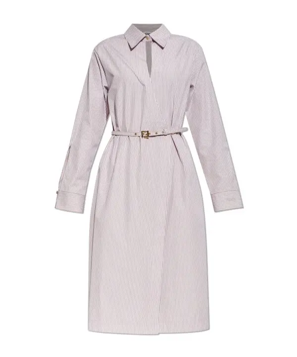 Fendi Striped Belted Waist Shirt Dress - Pink