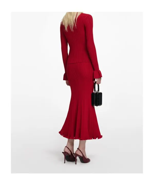SELF-PORTRAIT Ribbed Knit Flared Midi Skirt
