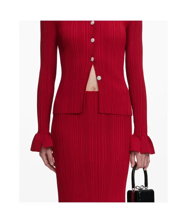 SELF-PORTRAIT Ribbed Knit Flared Midi Skirt