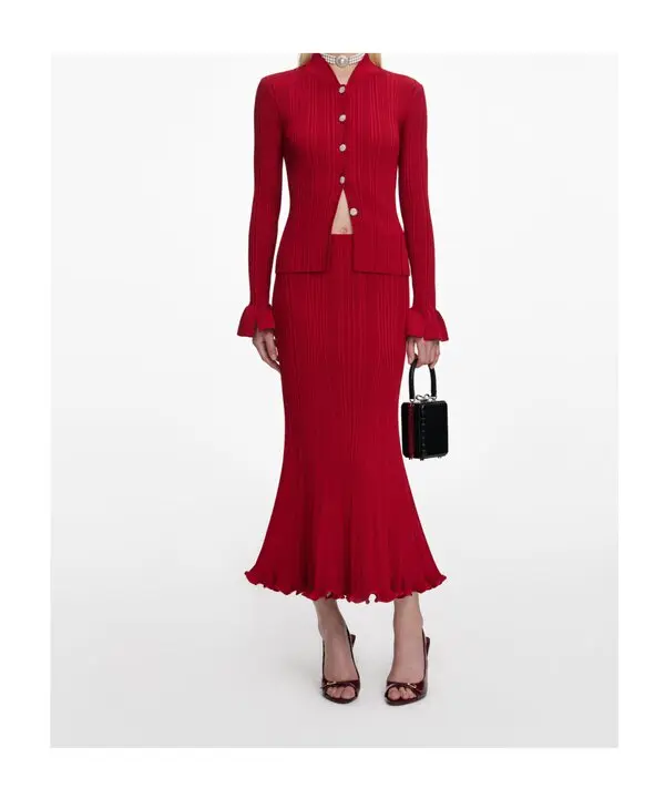 SELF-PORTRAIT Ribbed Knit Flared Midi Skirt