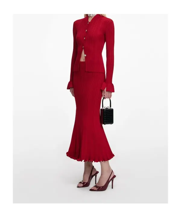 SELF-PORTRAIT Ribbed Knit Flared Midi Skirt