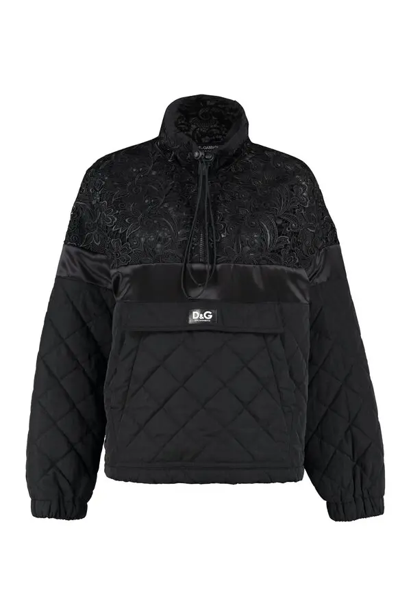 Dolce & Gabbana Panelled Lace And Quilted High Neck Half-zip Jumper - Black