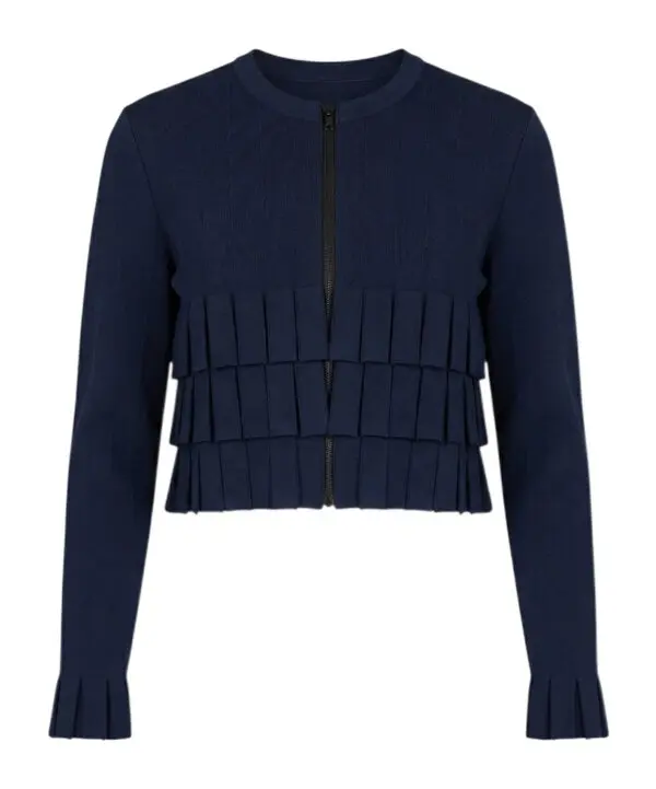 Alaïa Crew Neck Cardigan With Pleated Detailing And Zipper Closure - Black