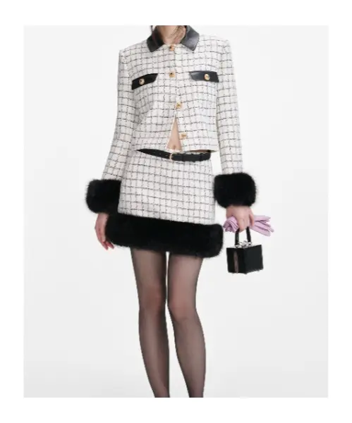 SELF-PORTRAIT Checked Tweed Mini Skirt With Faux Fur Trim - Cream