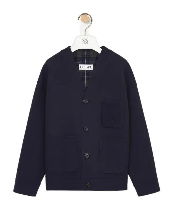 Loewe V-neck Knitted Cardigan With Anagram Embroidery - Navy Blue/gray