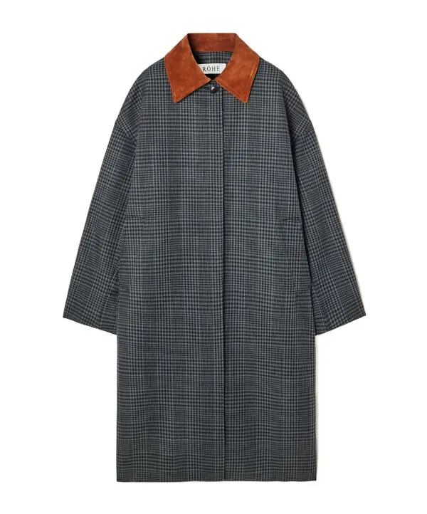 RÓHE Checked Wool Coat With Suede Collar - Grey