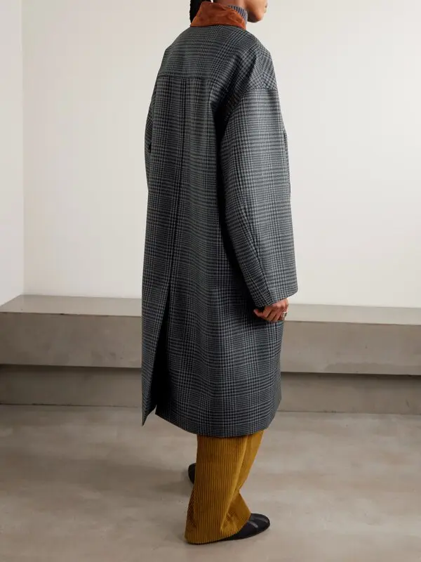 RÓHE Checked Wool Coat With Suede Collar - Grey