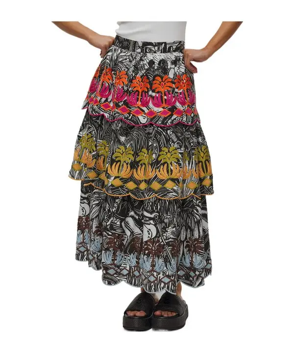 Farm Rio Embroidered Tiered Maxi Skirt - Black