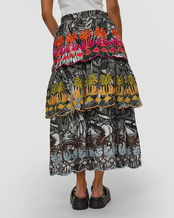 Farm Rio Embroidered Tiered Maxi Skirt - Black