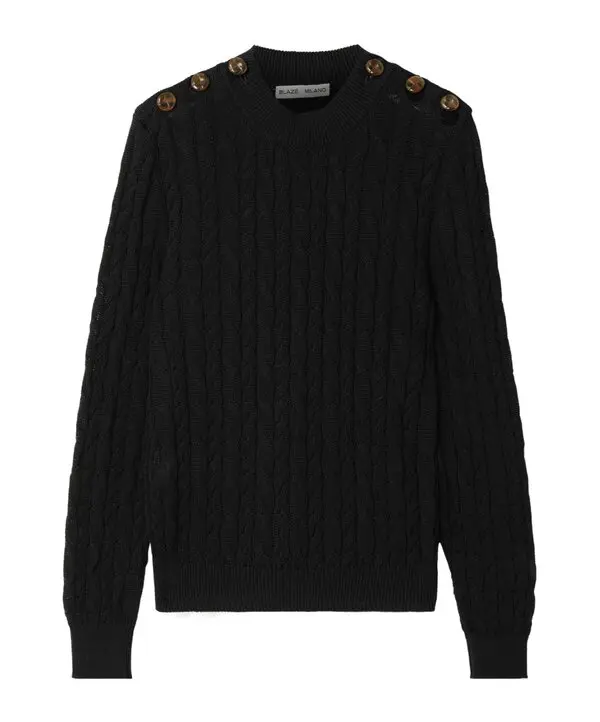 BLAZÉ MILANO Cable Knit Sweater With Shoulder Buttons - Black