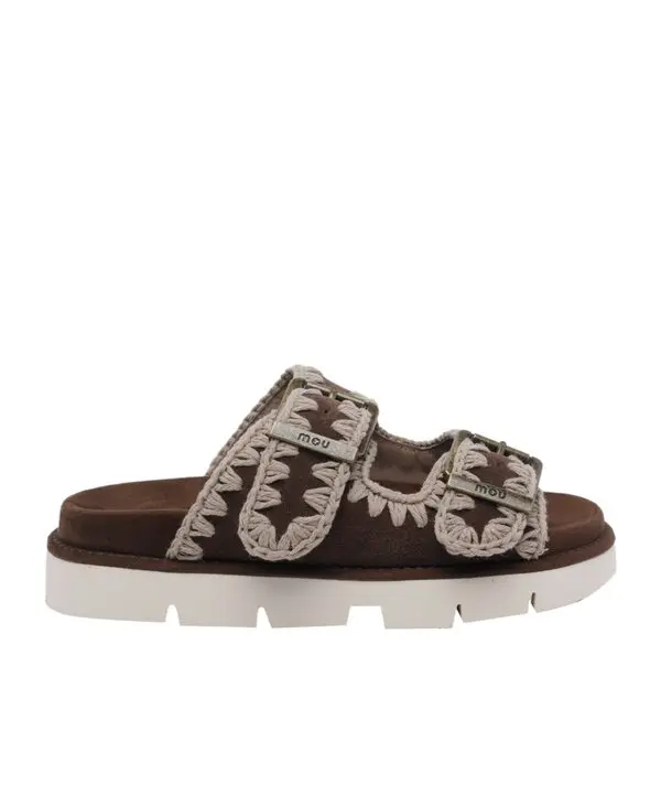 Mou Embroidered Buckle Slide Sandals - Black
