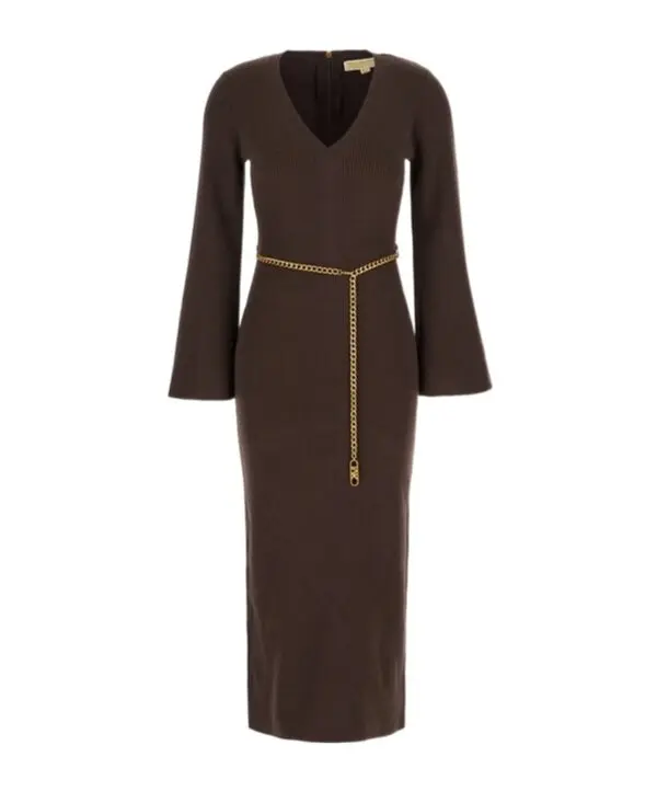Michael Kors V-neck Belted Midi Dress - Chocolate