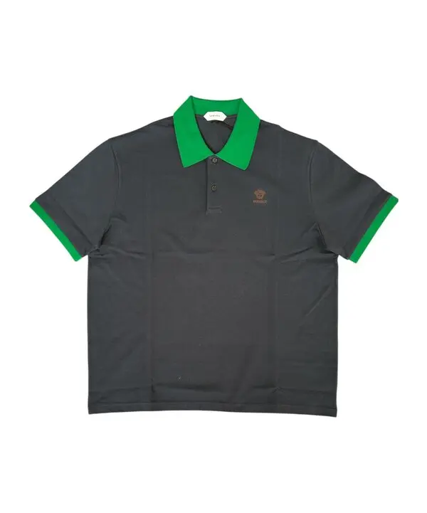 Versace Logo Embroidered Piqué Polo Shirt - Black