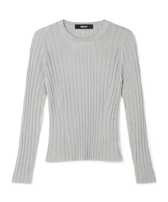 Versace Ribbed Knit Crewneck Top With Medusa Studs - Grey