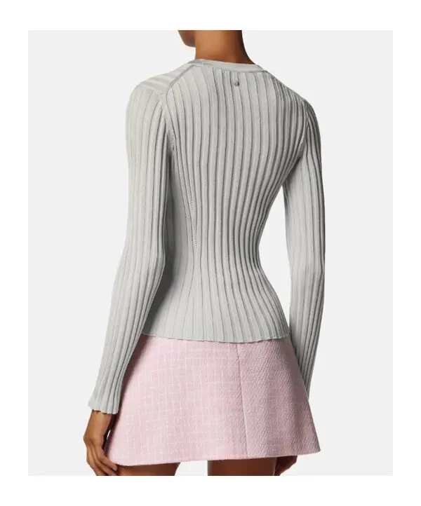 Versace Ribbed Knit Crewneck Top With Medusa Studs - Grey