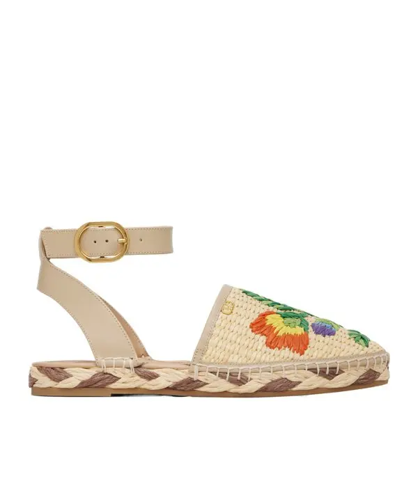Valentino Garavani Polished Leather And Woven Espadrilles With Floral Embroidery - Natural/taupe