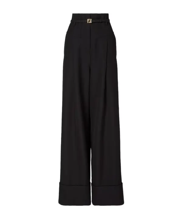 Fendi Ff Buckle Belted Wide-leg Wool Trousers - Black