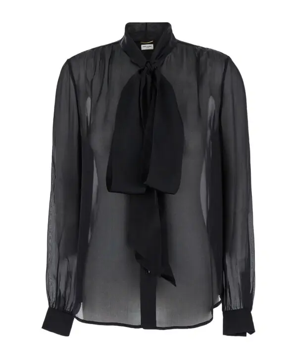 Saint Laurent Pussy-bow Long-sleeved Sheer Top - Black