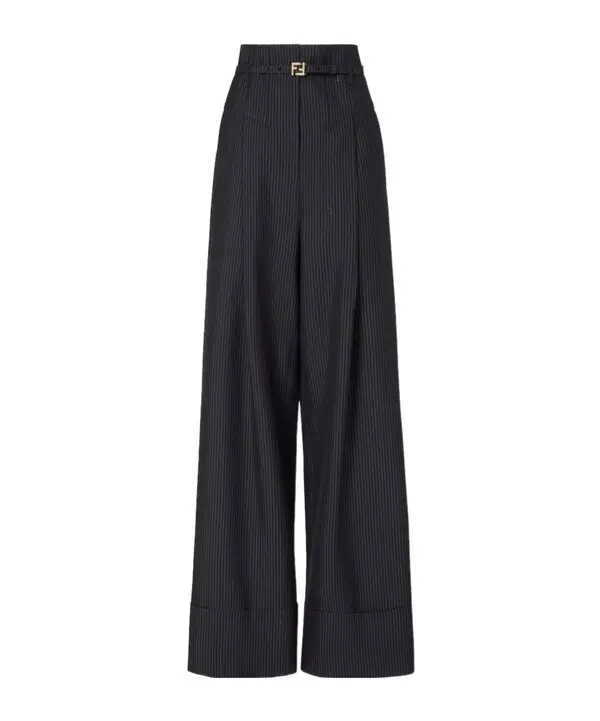 Fendi Belted Waist Pinstriped Wide-leg Trousers - Black
