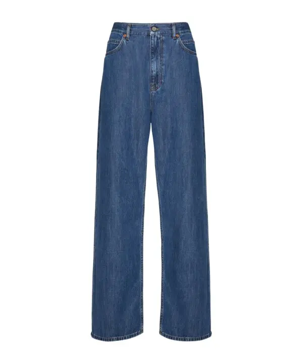 Valentino Garavani Straight Leg Jeans With Logo Patch - Dark Denim