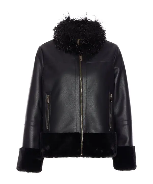 TWINSET Faux Leather Coat With Faux Fur Trim