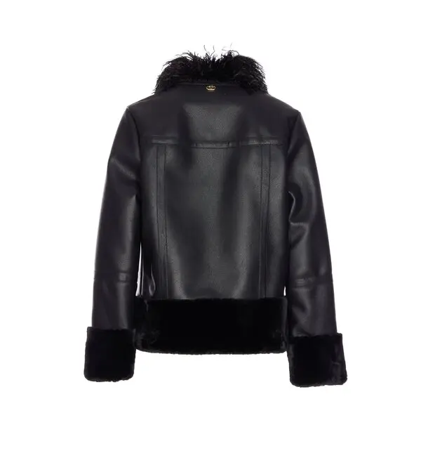 TWINSET Faux Leather Coat With Faux Fur Trim