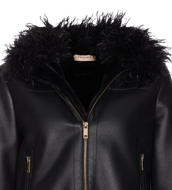 TWINSET Faux Leather Coat With Faux Fur Trim