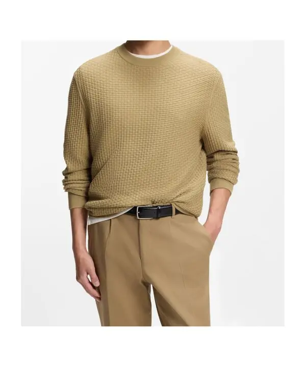 Hugo Boss Textured Crew-neck Sweater With Ribbed Cuffs