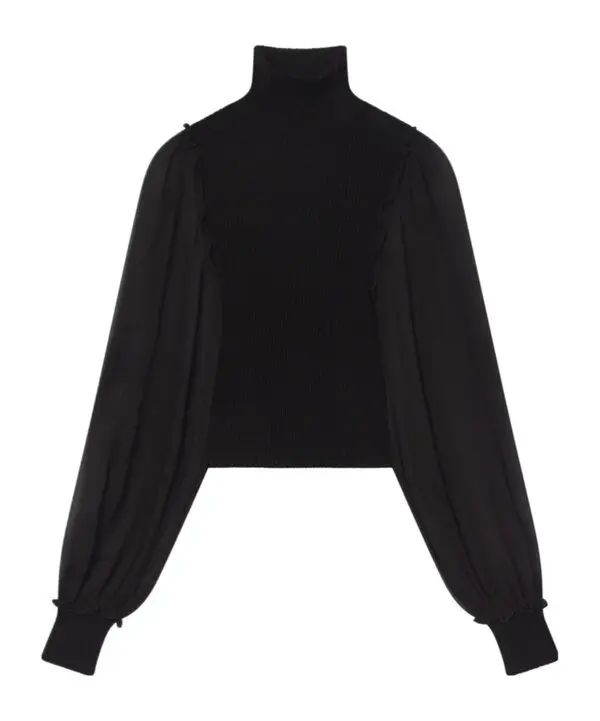 FRAME Ribbed Knit High-neck Blouse With Sheer Sleeves