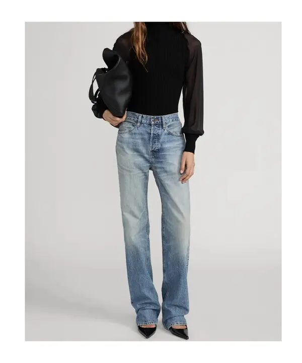 FRAME Ribbed Knit High-neck Blouse With Sheer Sleeves