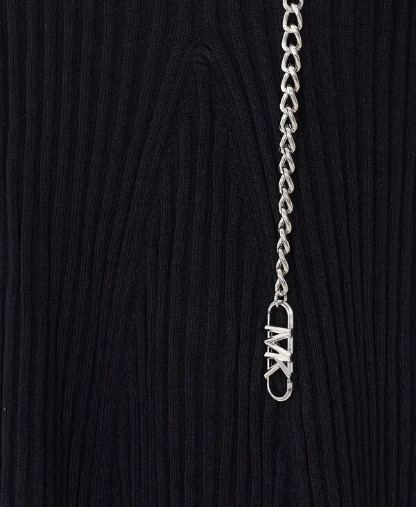 Michael Kors Ribbed Knit Collared Long Sleeve Dress With Chain Belt
