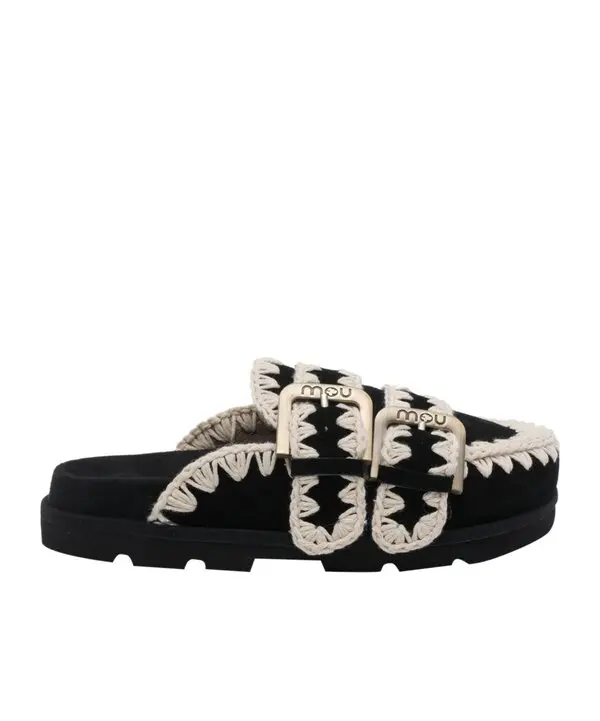 Mou Crochet Buckle Mules - Black
