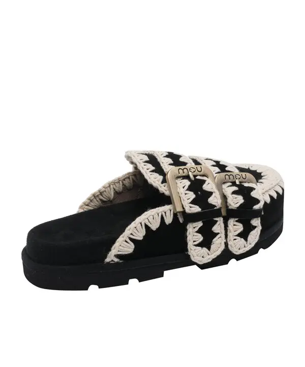Mou Crochet Buckle Mules - Black