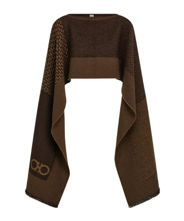 FERRAGAMO Jacquard Patchwork Wool Cape - Camel/espresso