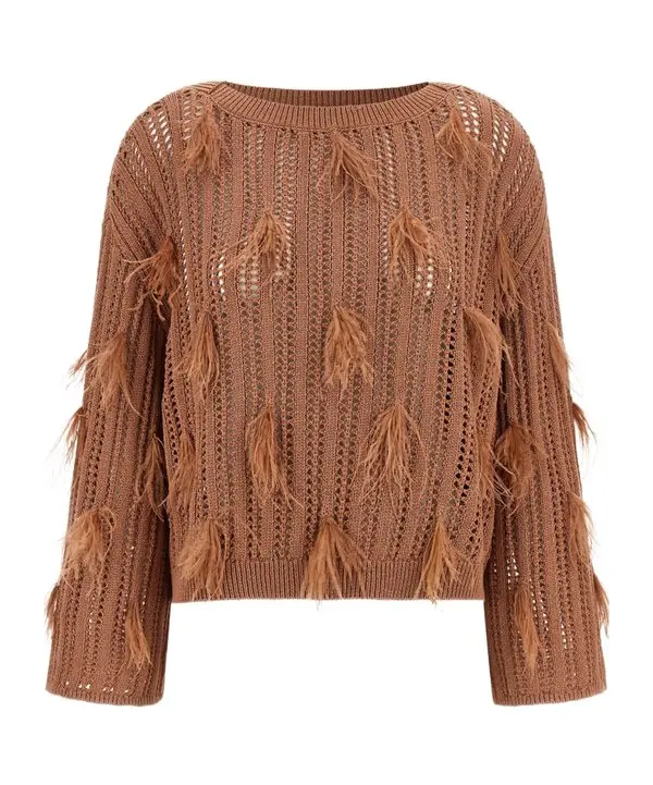 TWINSET Boat Neck Knitted Jumper With Feather Trim - Brown