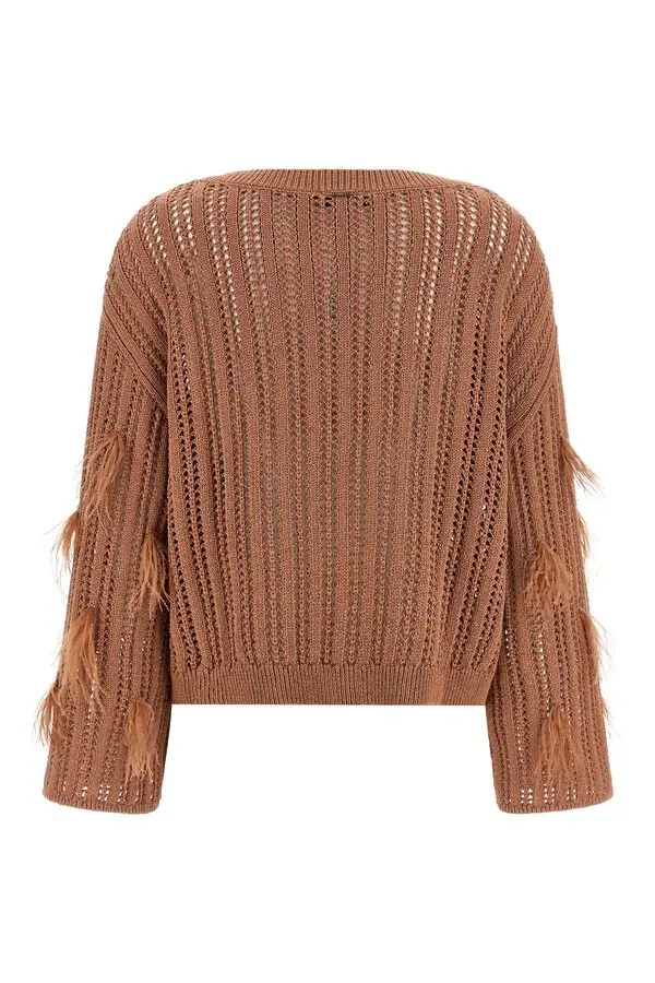 TWINSET Boat Neck Knitted Jumper With Feather Trim - Brown