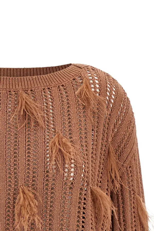 TWINSET Boat Neck Knitted Jumper With Feather Trim - Brown