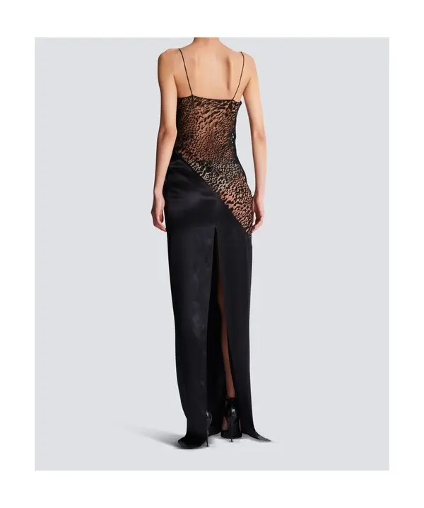 Balmain Flowy Spaghetti Strap Leopard Print Lace Dress